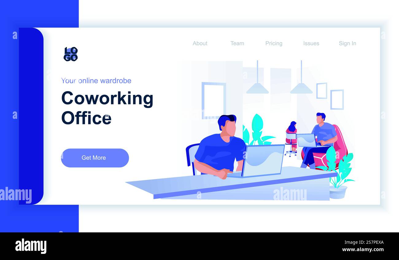 Coworking office concept 3d isometric web banner with people scene. Employees working on laptops ...