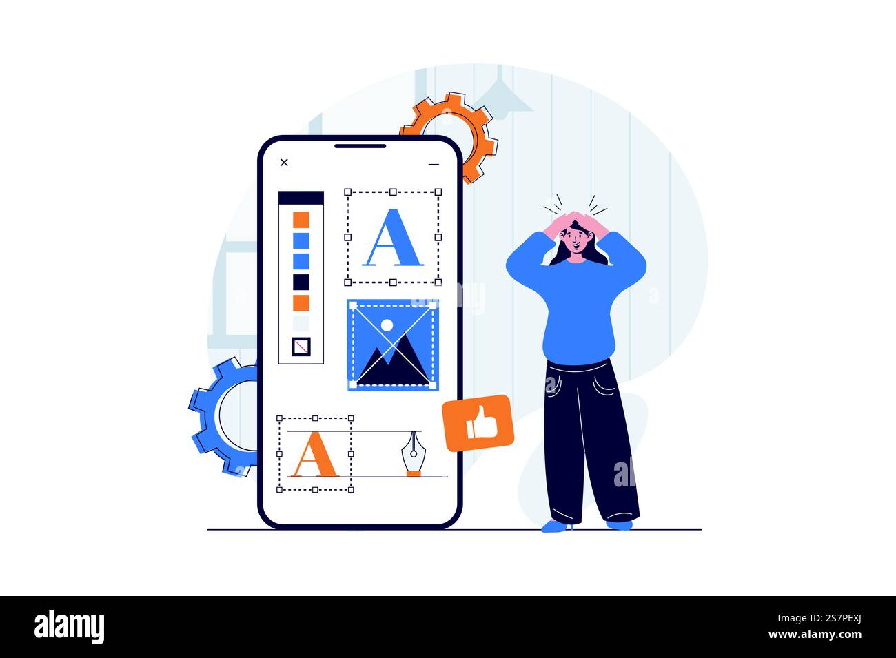 Web design concept with character scene. Woman creating mobile layouts ...