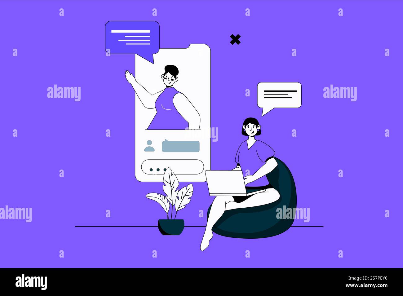 Online video call web concept with character scene in flat design. People talk in video programm ...