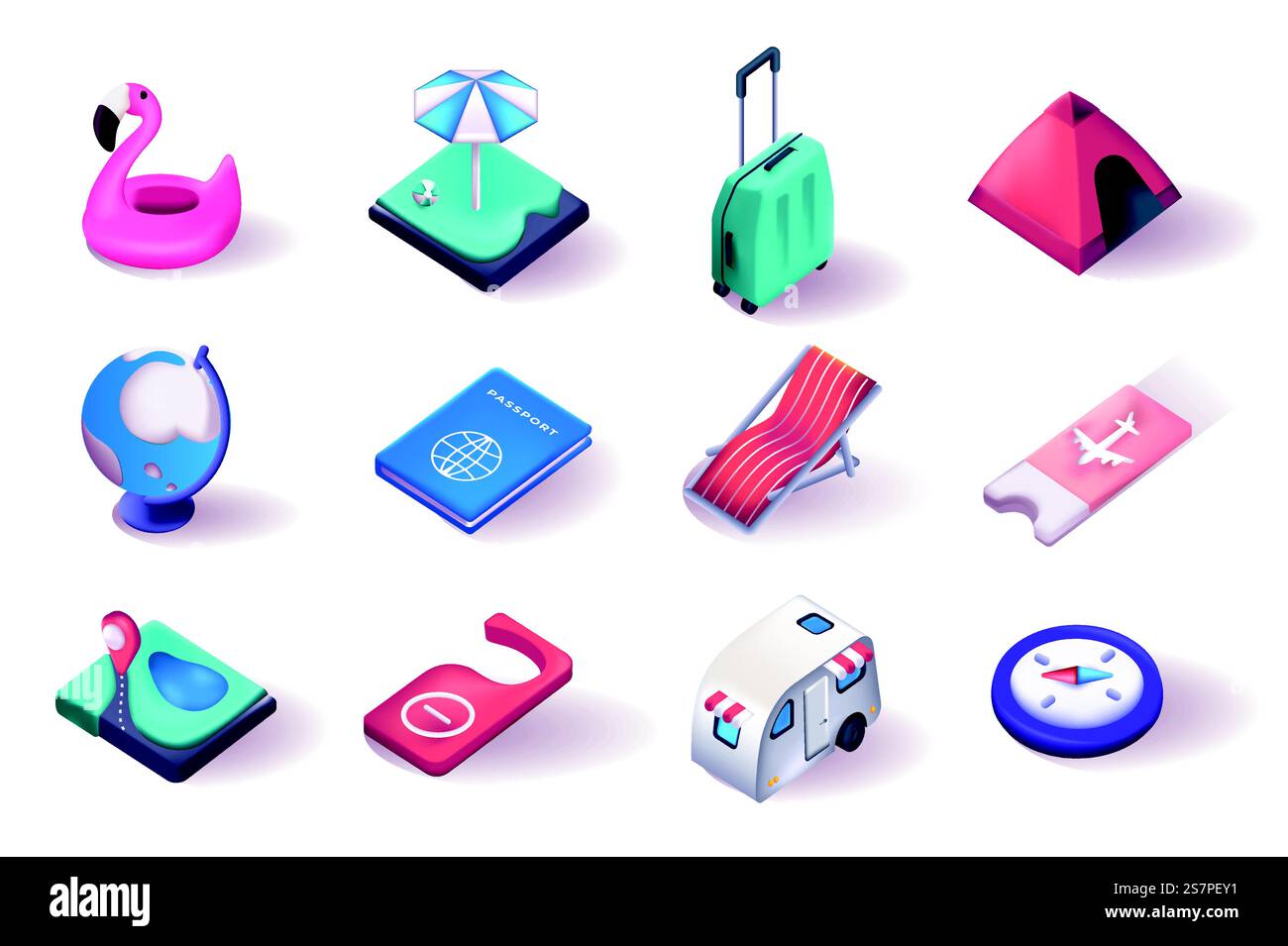 Travel vacation 3d isometric icons set. Swimming pool, luggage, camping tent, passport, ticket ...