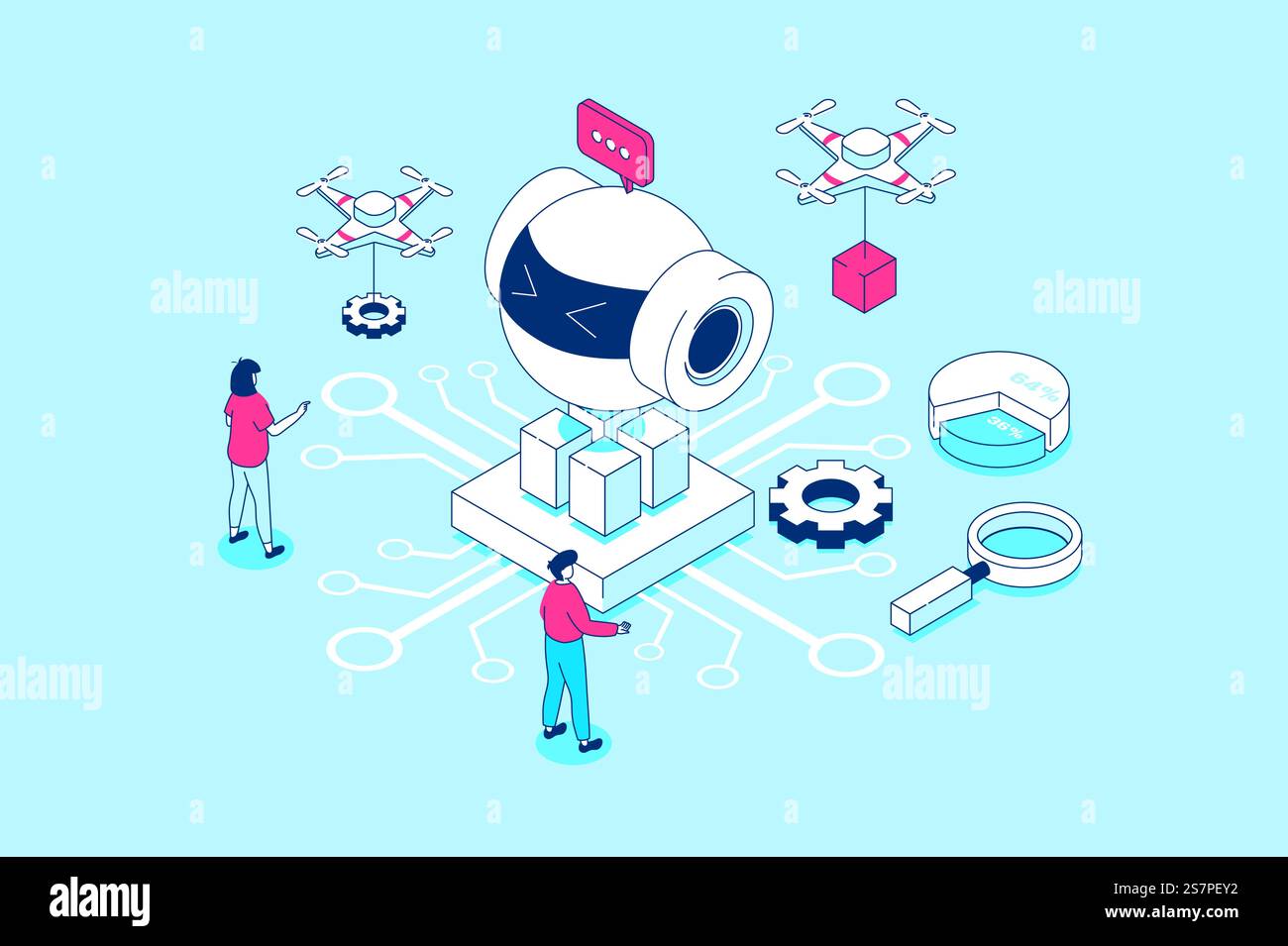 Artificial intelligence concept in 3d isometric design. People creating, working and programming ...