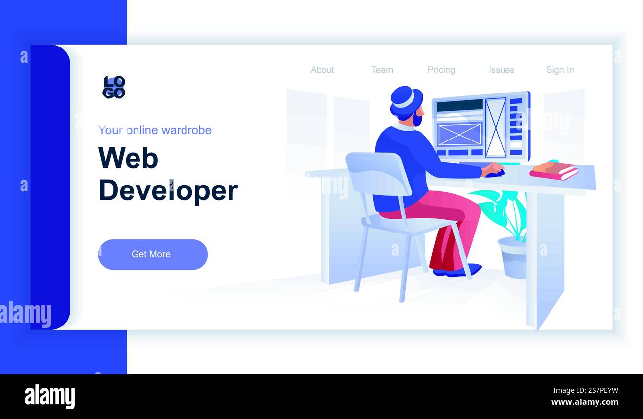 Web developer concept 3d isometric web banner with people scene. Man works at computer and ...