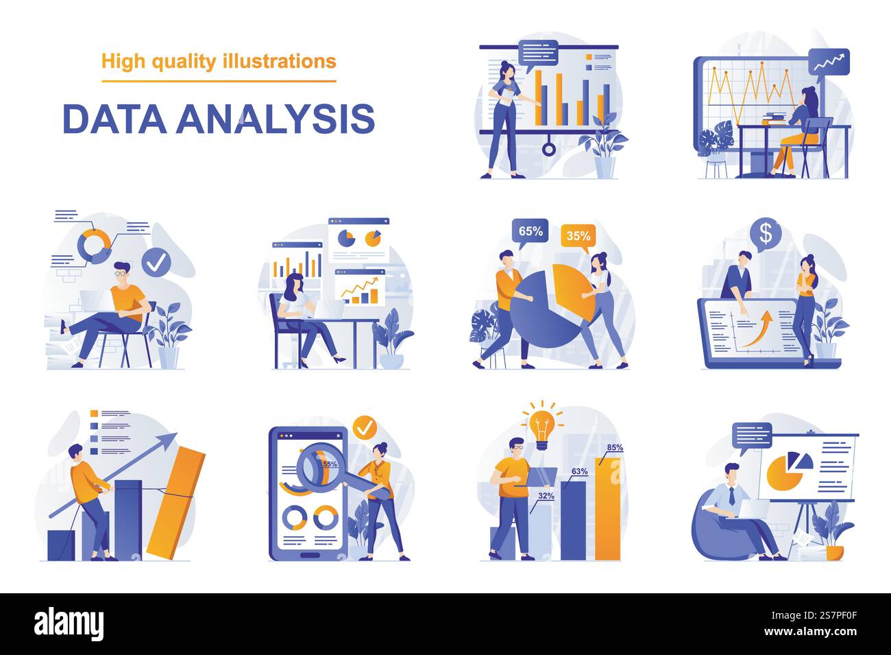 Data analysis web concept with people scenes set in flat style. Bundle ...
