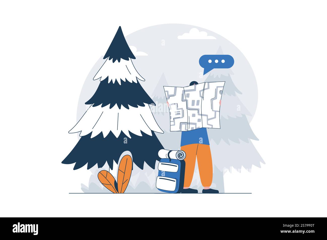 Travelling web concept with character scene. Man with backpack looking ...