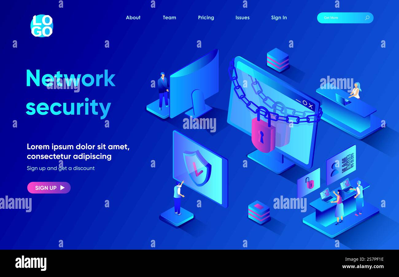 Network security concept 3d isometric web landing page. People use secure access to accounts ...