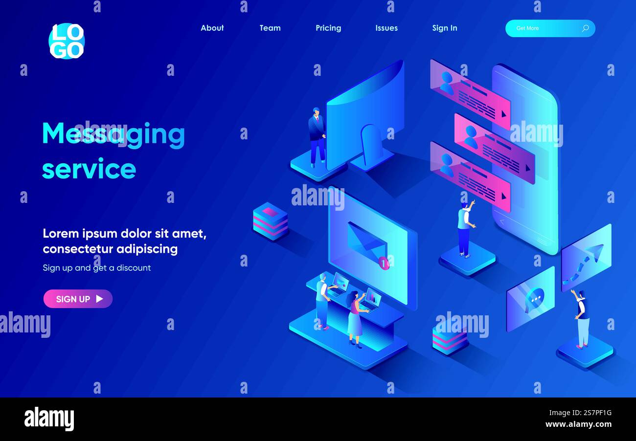 Messaging service concept 3d isometric web landing page. People correspond online, send and ...