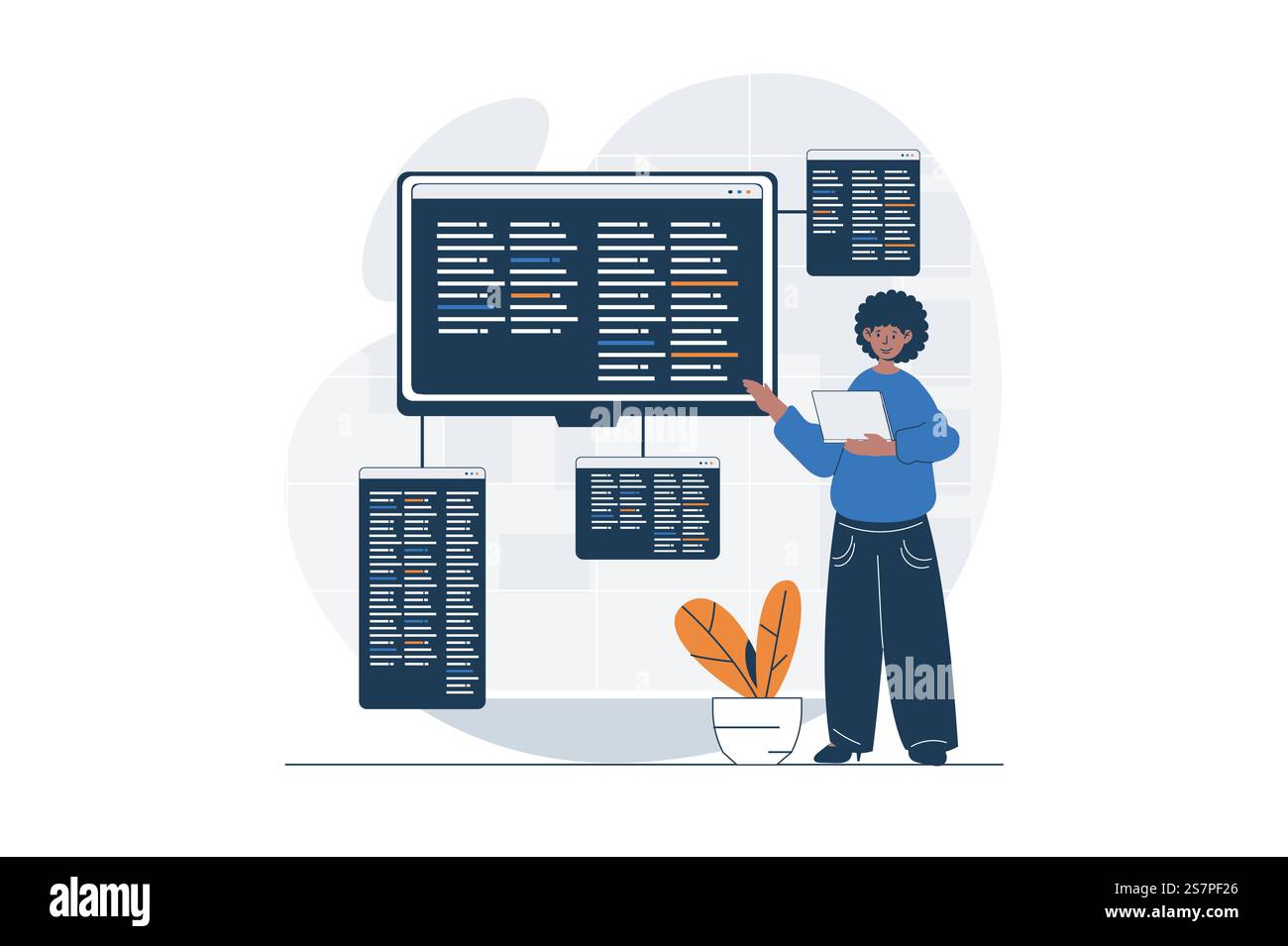 Programming web concept with character scene. Man developer coding and making program at ...
