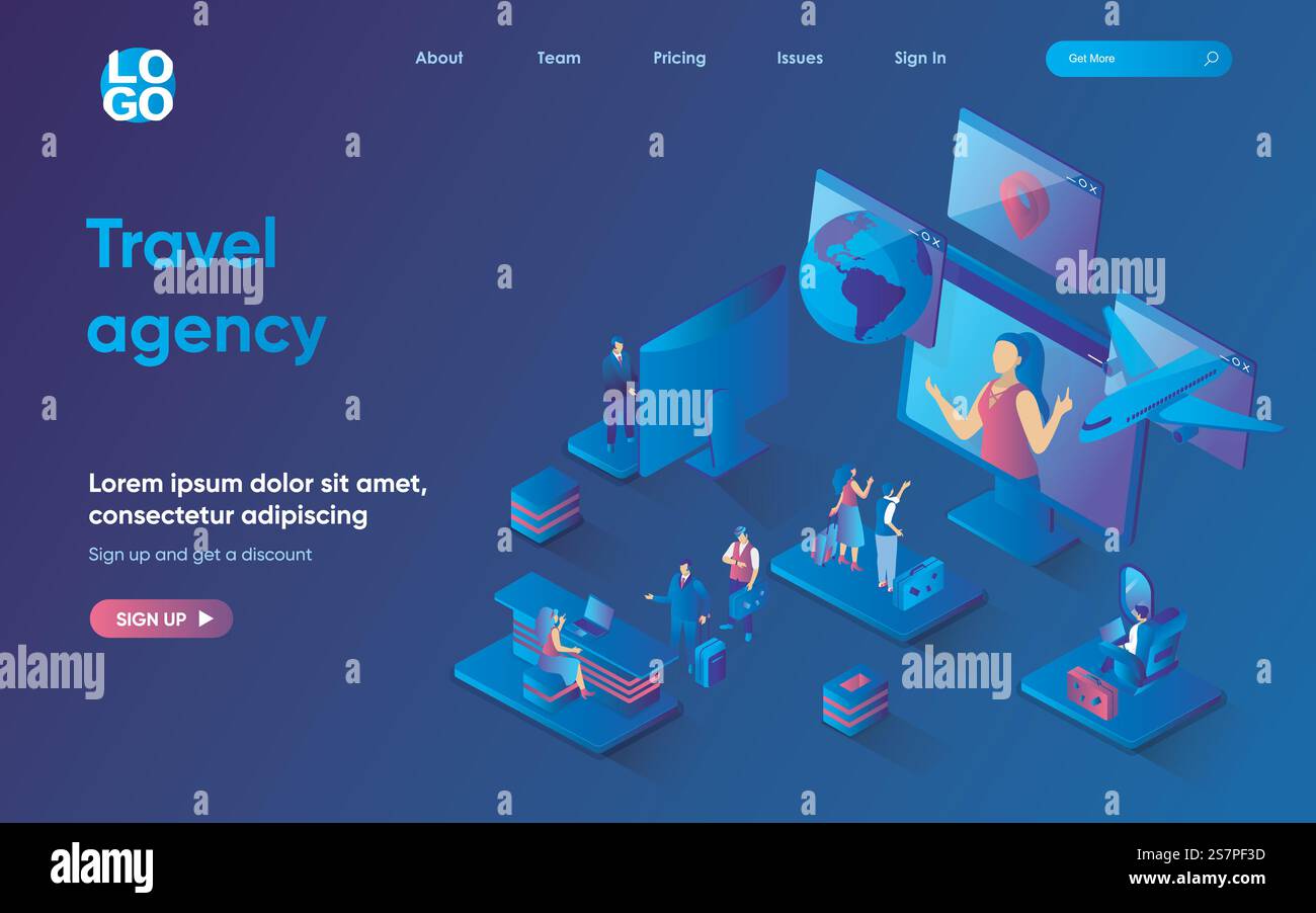 Travel agency concept 3d isometric web landing page. People with ...