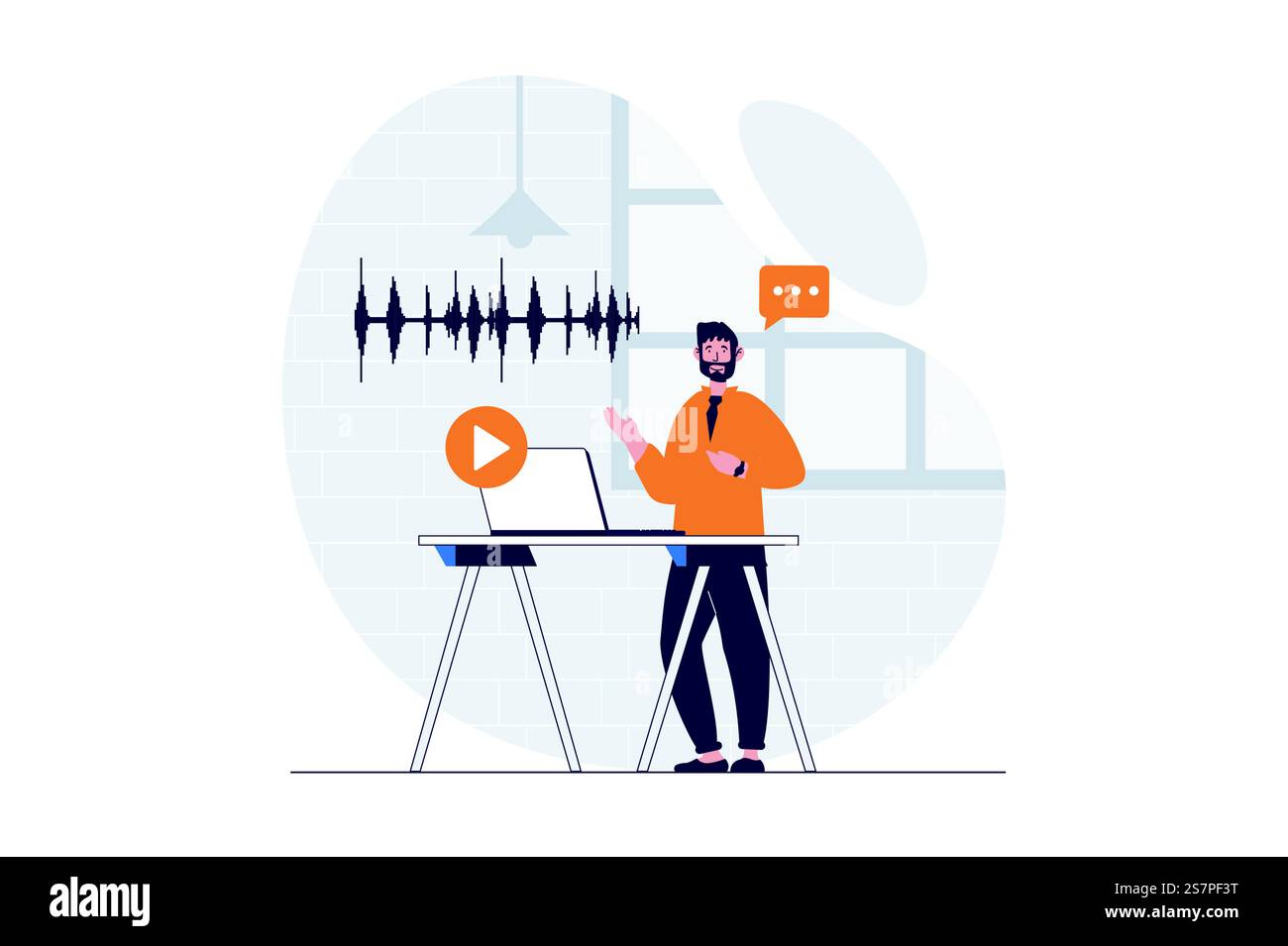 Podcast streaming web concept with character scene. Man recording voice audio and making ...