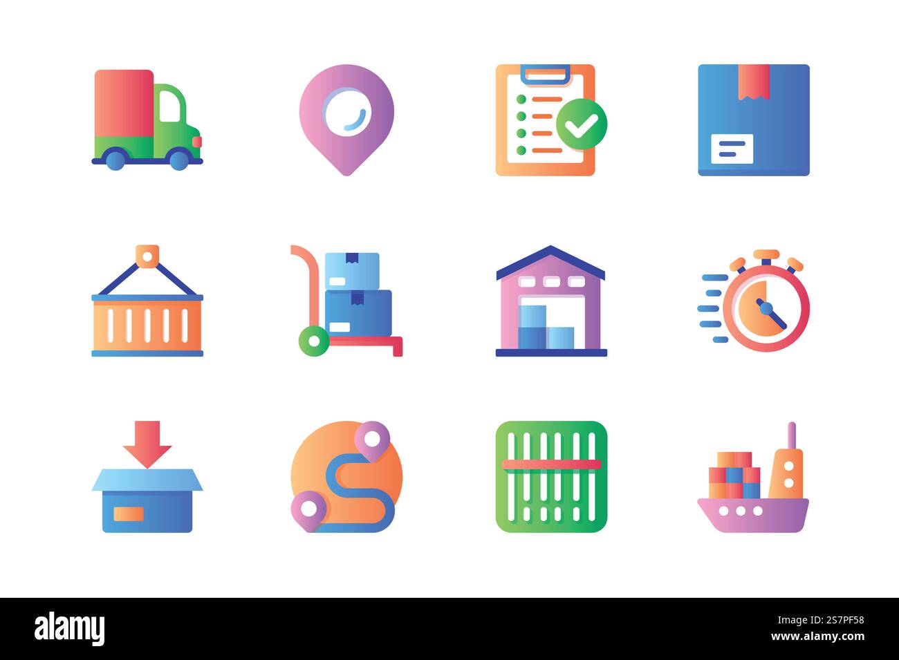 Delivery icons set in color flat design. Pack of truck, location pin ...