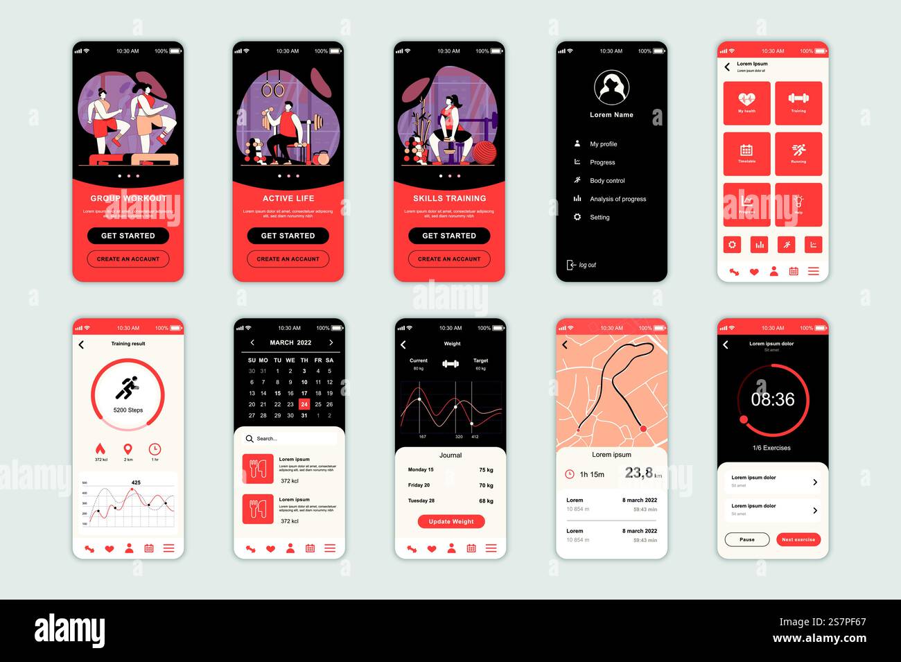 Fitness concept screens set for mobile app template. People at groupe ...