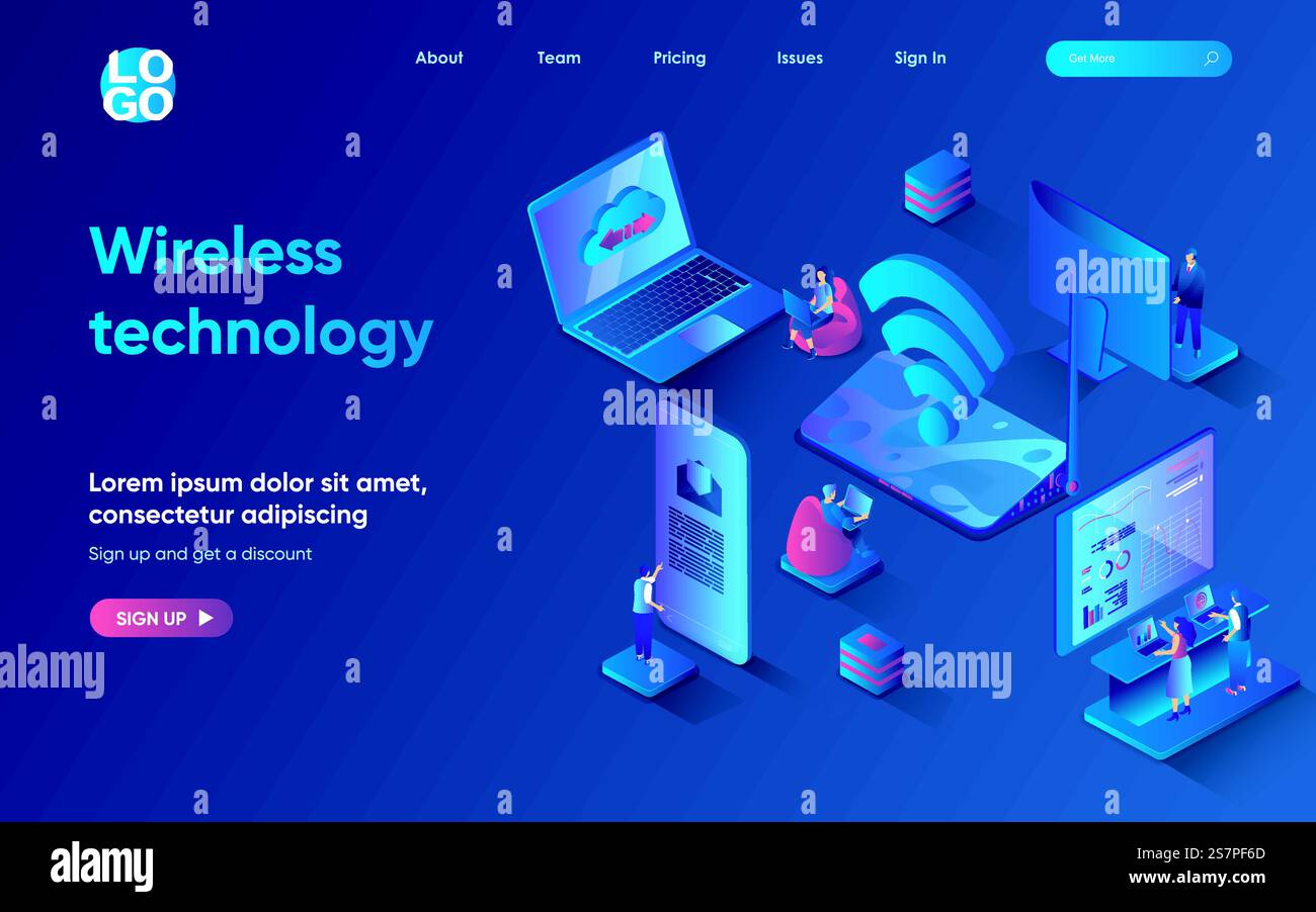 Wireless technology concept 3d isometric web landing page. People use wifi hotspot to get ...