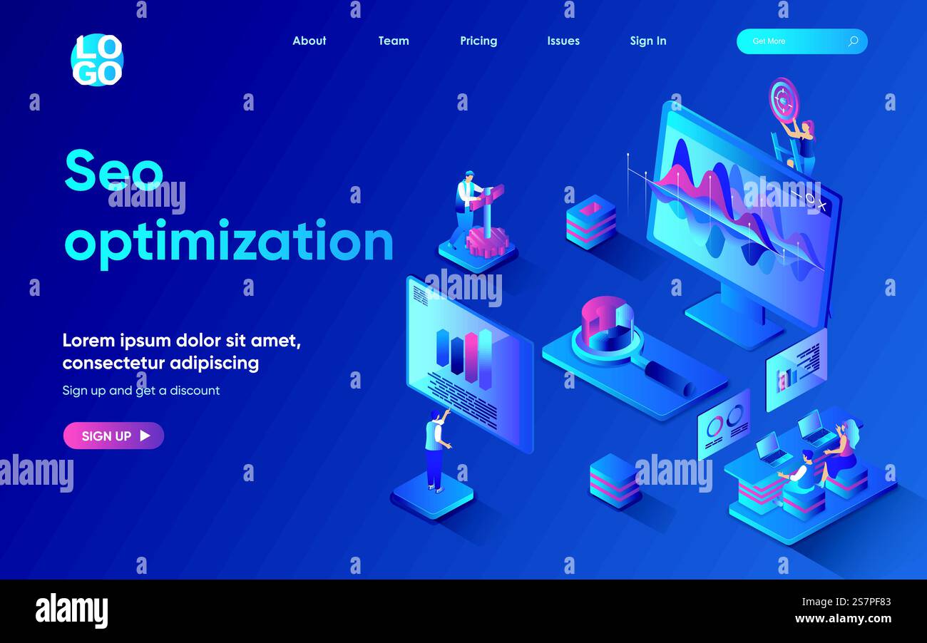 Seo optimization concept 3d isometric web landing page. People do ...