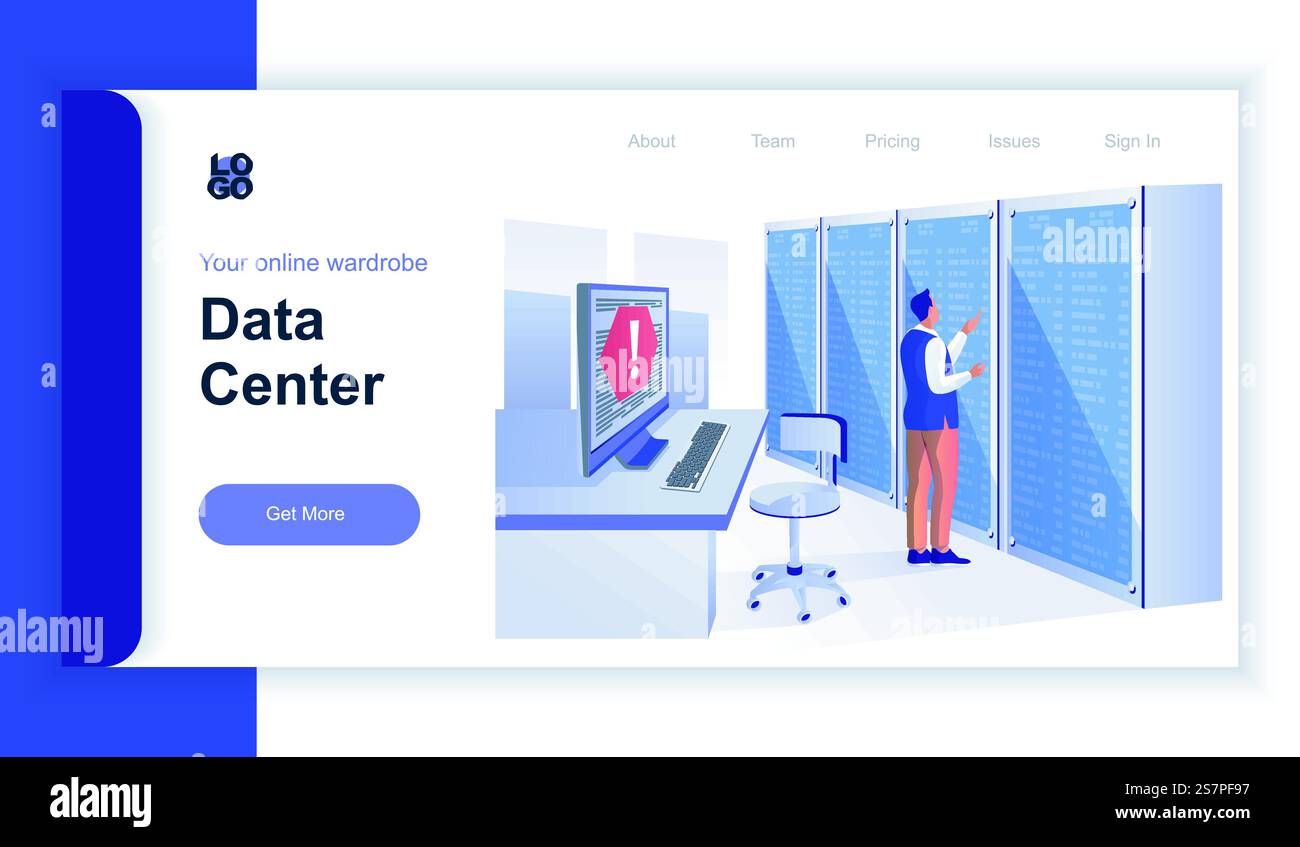 Data center concept 3d isometric web banner with people scene. Engineer ...