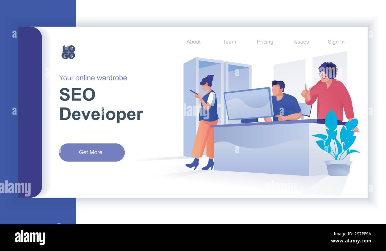 Seo developer concept 3d isometric web banner with people scene. Team ...