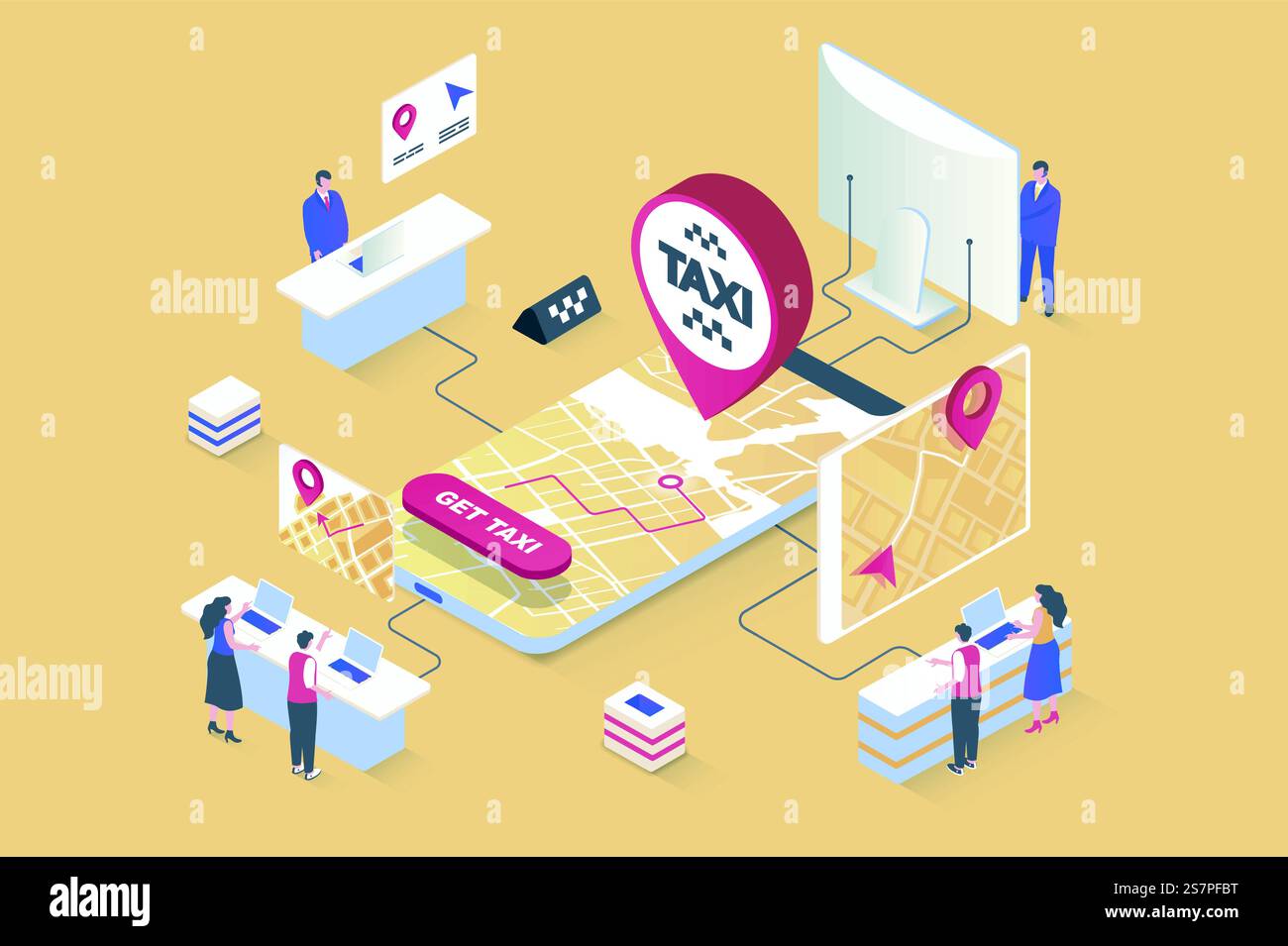 Taxi service concept in 3d isometric design. Online ordering car, map ...