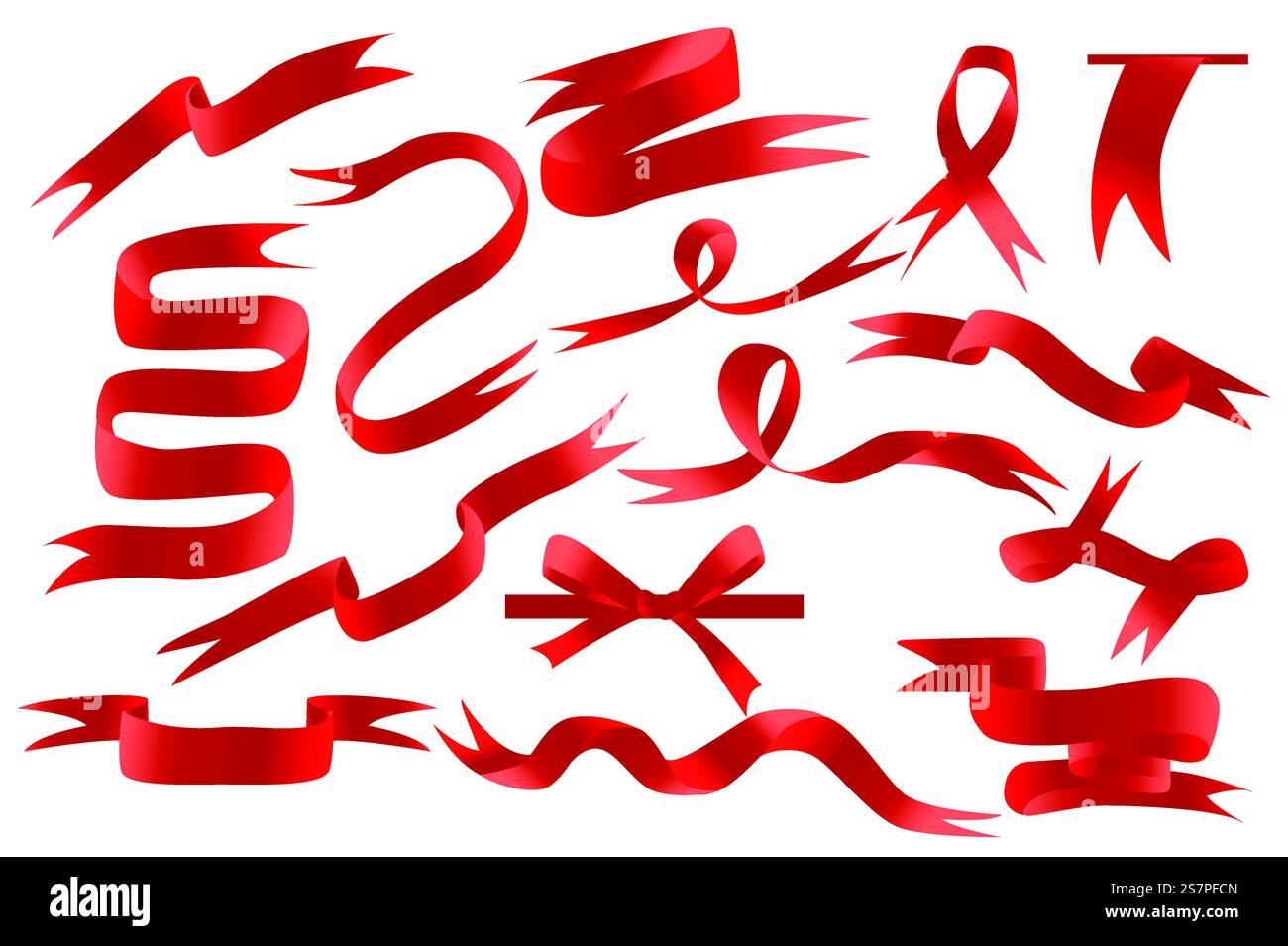 Red ribbons set in cartoon design. Bundle of different curled and ...