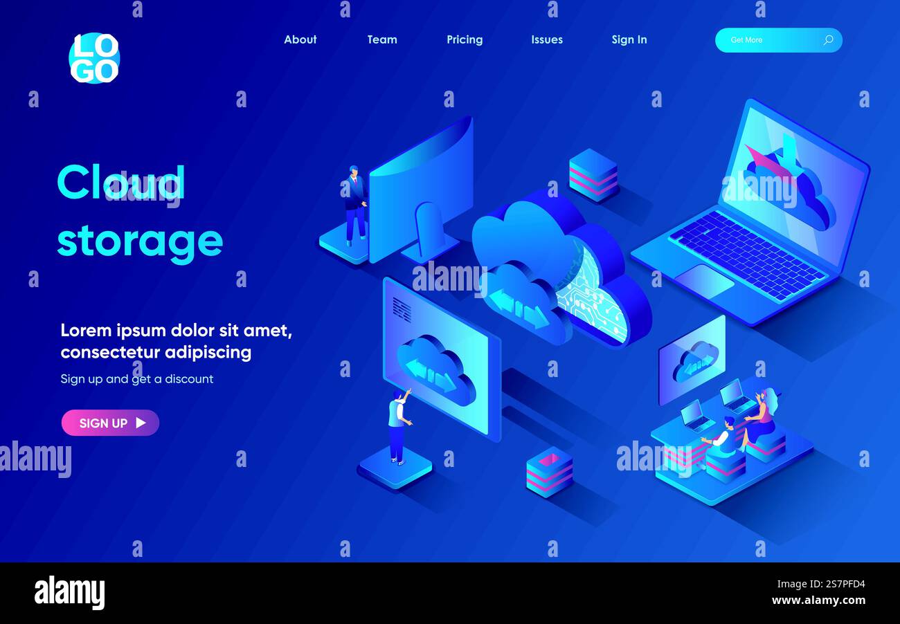 Cloud storage concept 3d isometric web landing page. People upload and transfer files using ...