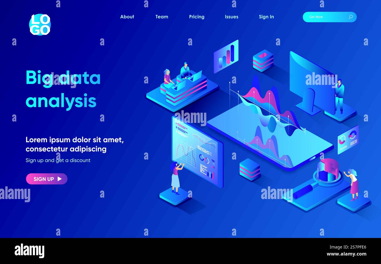 Big data analysis concept 3d isometric web landing page. People making financial reports and ...