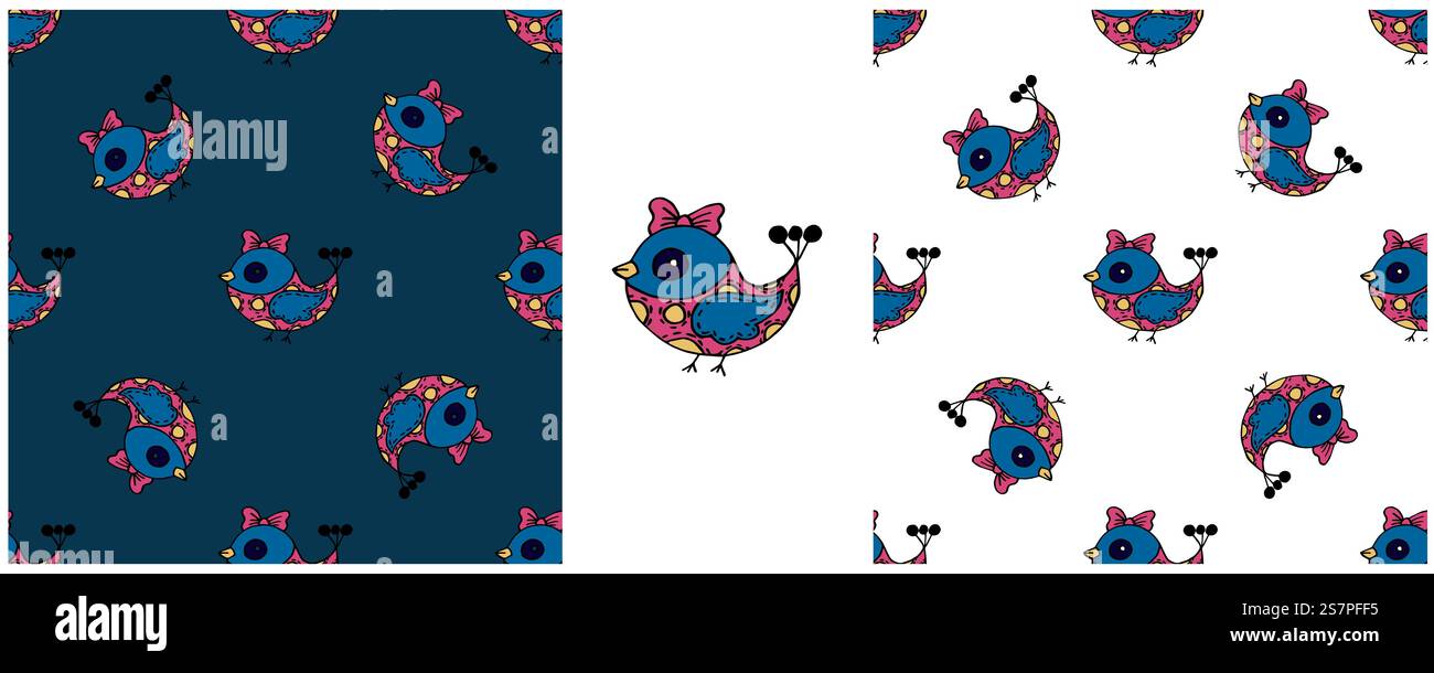 Set Seamless patterns. Folk bird ornament. Pattern in hand drawn style ...