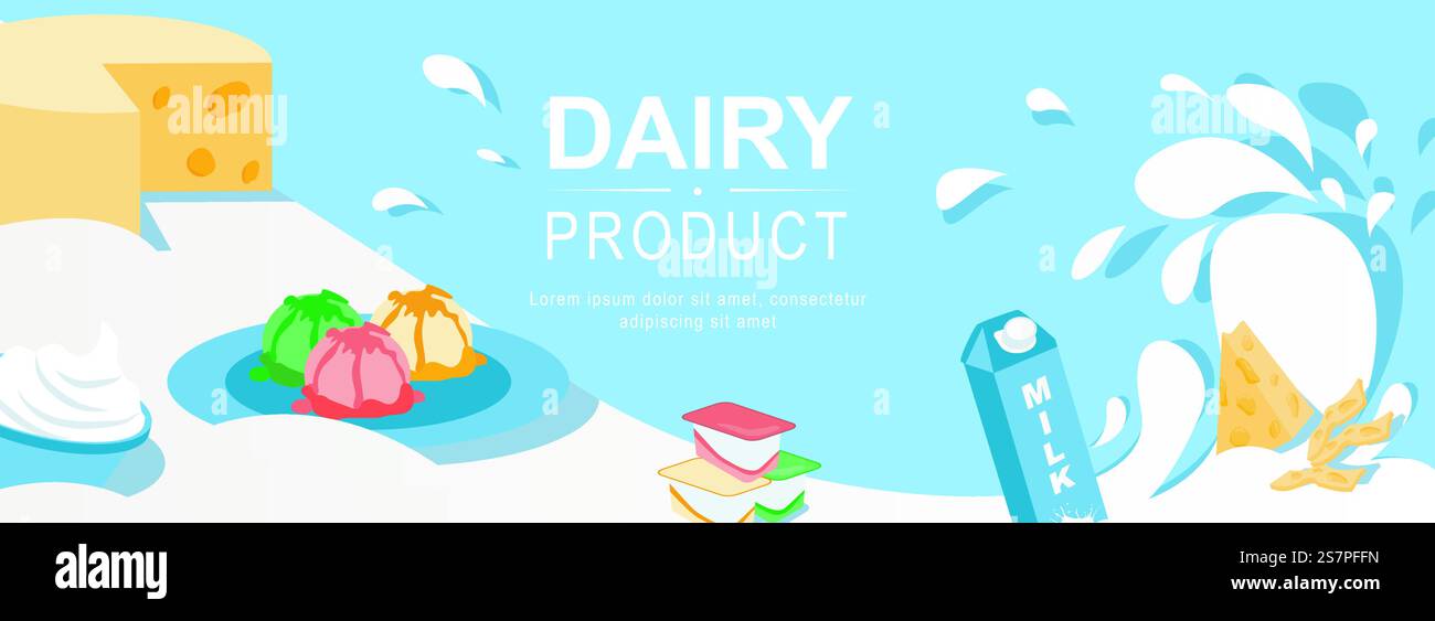 Dairy product horizontal web banner. Farm cheese, sour cream, ice cream ...
