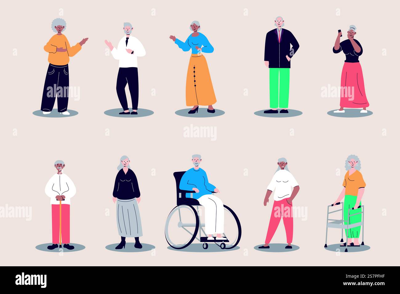 Elderly people set in flat design. Retired women and men standing and ...