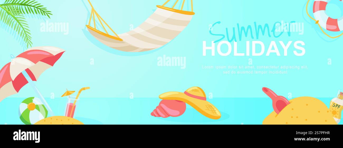 Summer holidays horizontal web banner. Sea beach, hammock, palm tree ...