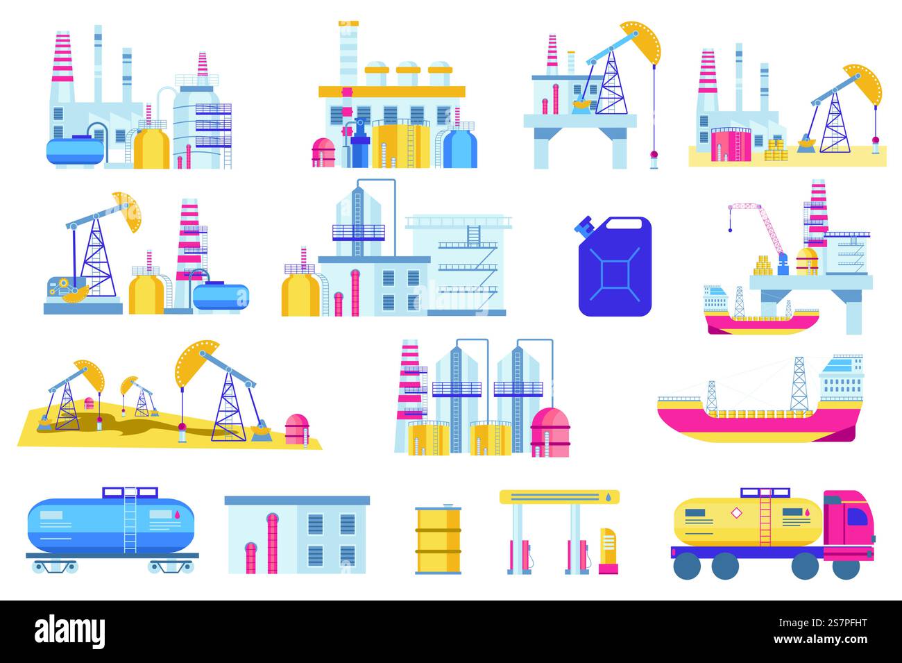 Oil production plants set graphic elements in flat design. Bundle of ...