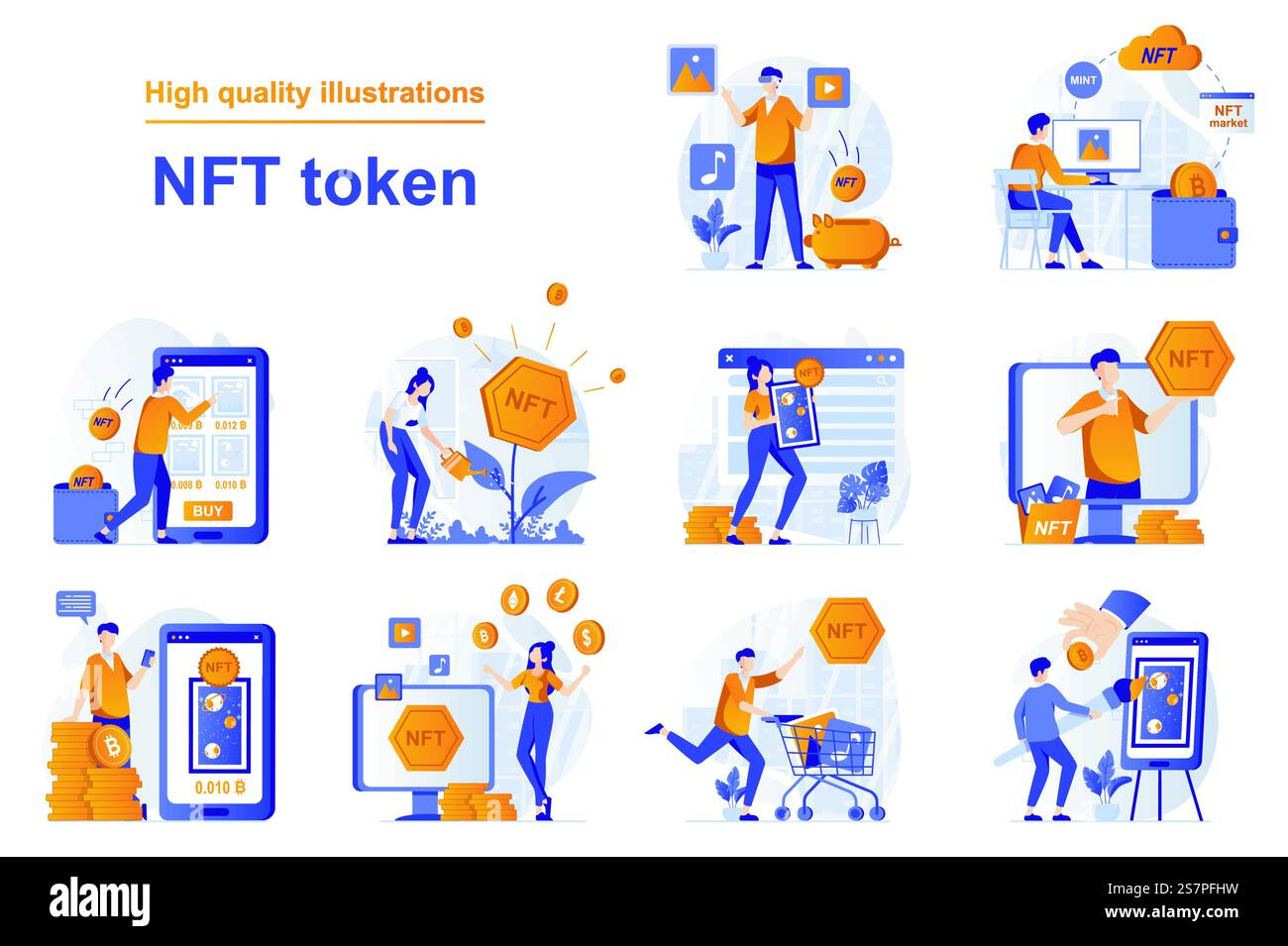 NFT token web concept with people scenes set in flat style. Bundle of ...