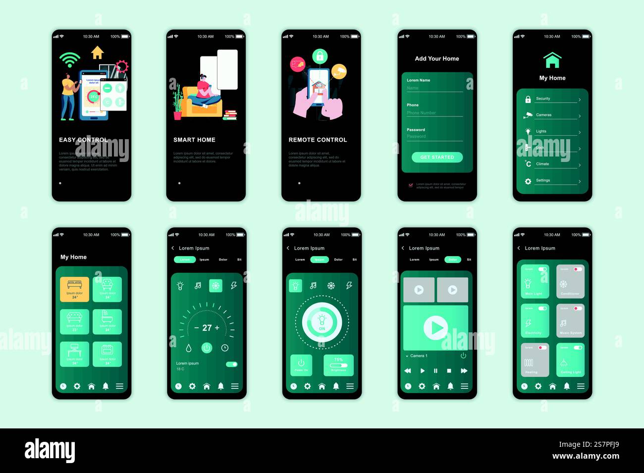 Smart home concept screens set for mobile app template. People control temperature sensors ...