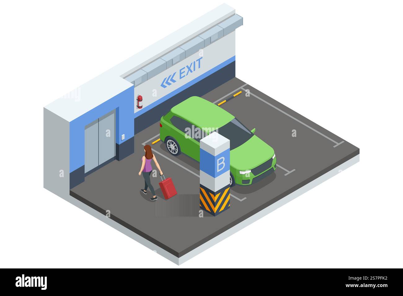 Isometric vector illustration of a green car parked near an exit in an ...
