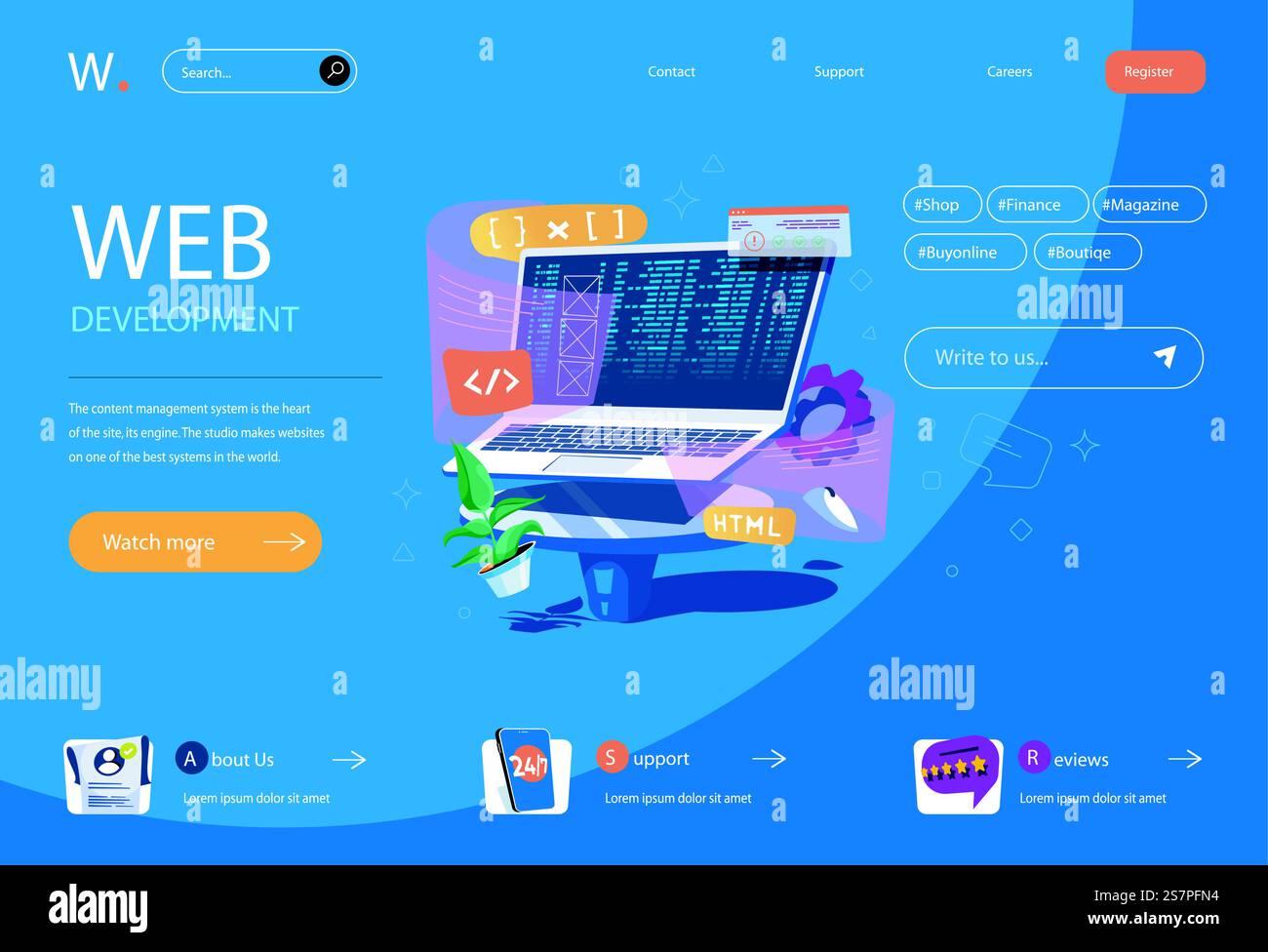 Web development concept in flat cartoon design for homepage layout. Programming and working with ...
