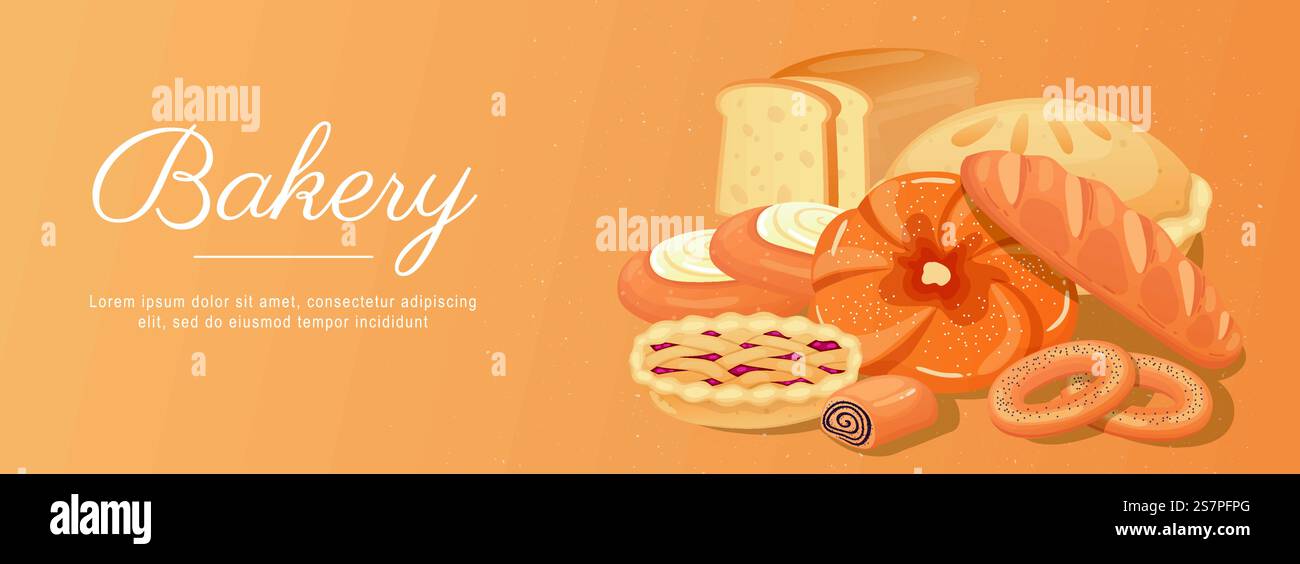 Bakery horizontal web banner. Fresh bread, cherry pie, cakes, long loaf ...