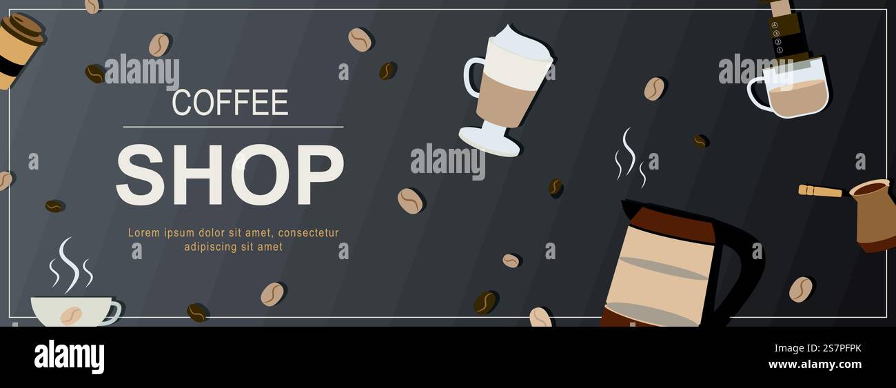 Coffee shop horizontal web banner. Beverage cups, beans, cezve ...