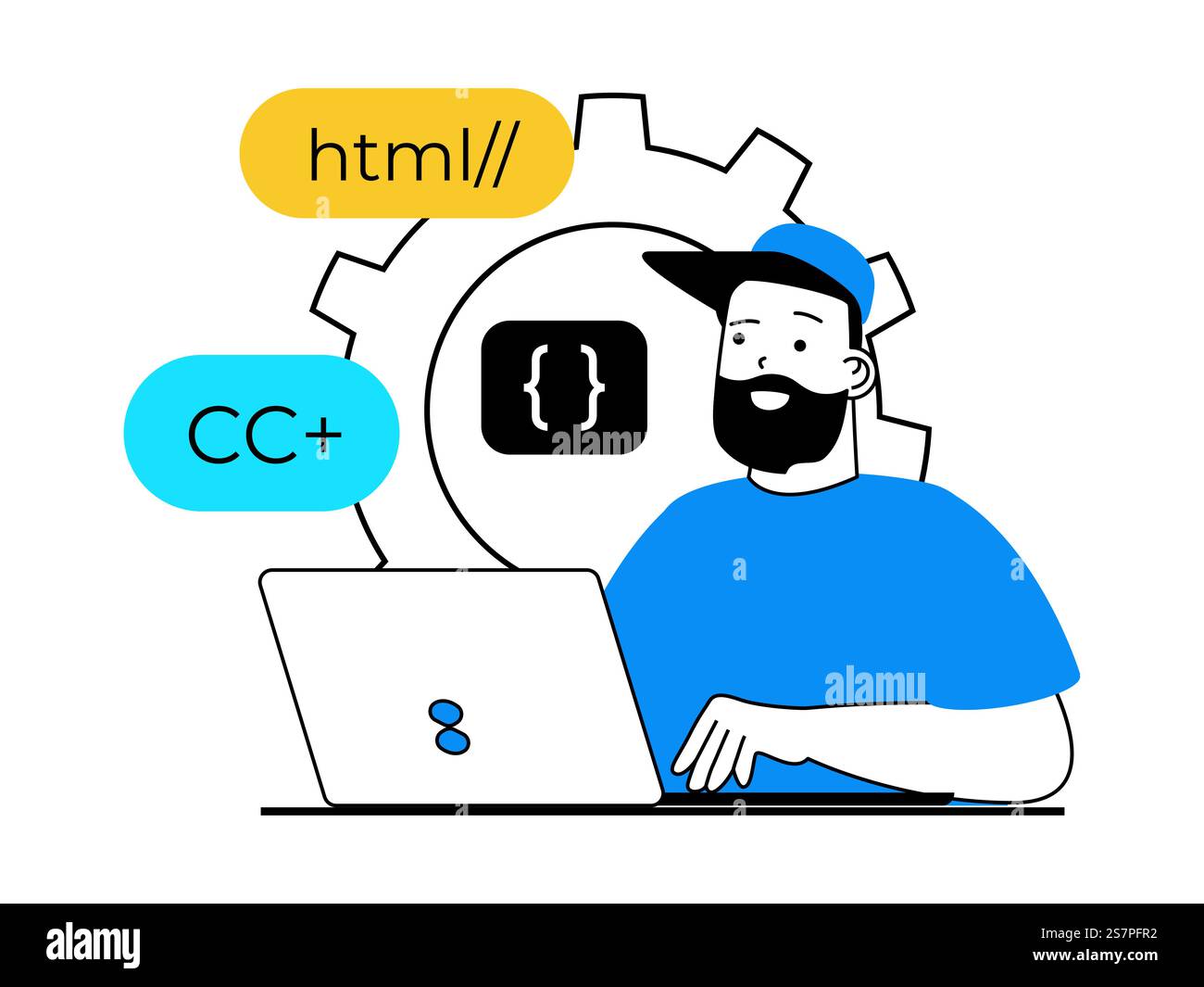 Web development concept with character situation. Man working with html and program languages at ...