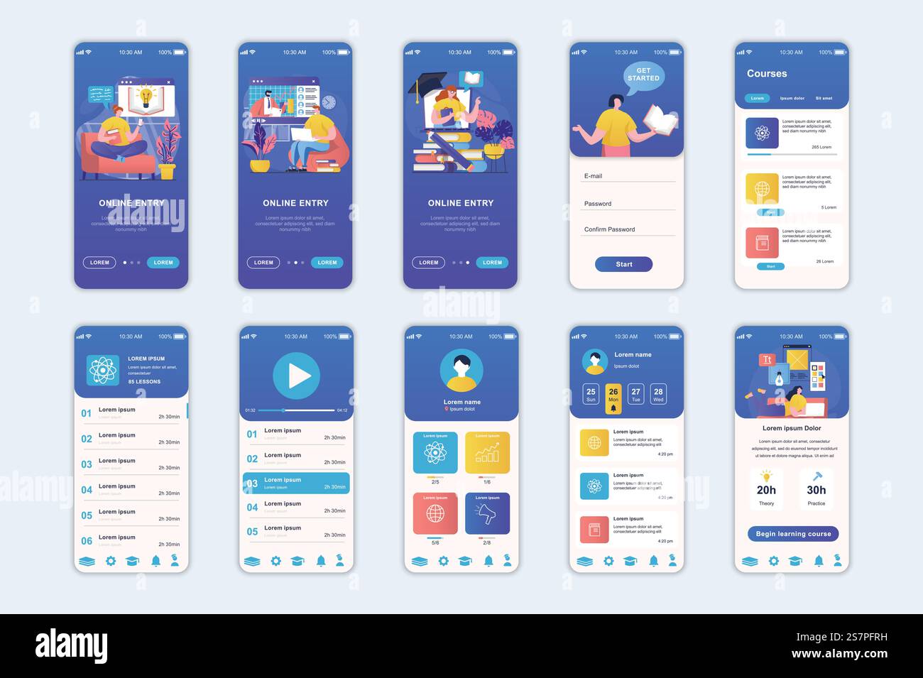 Education concept screens set for mobile app template. People learning at online courses, remote ...