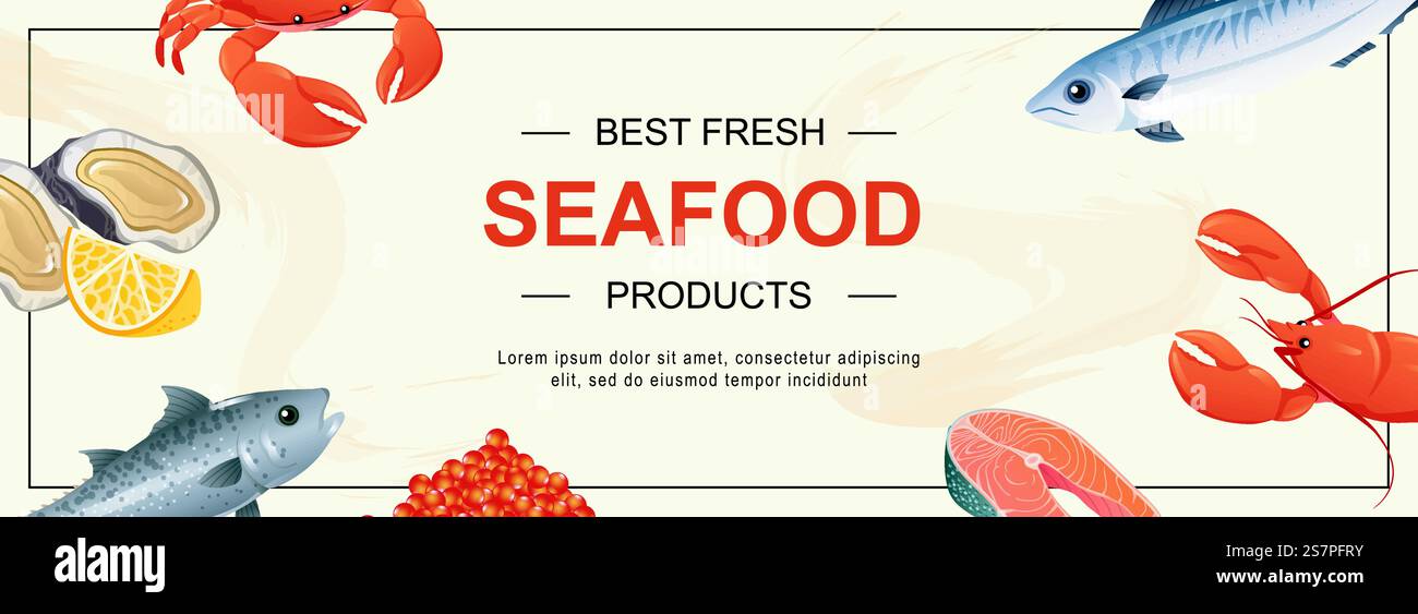 Seafood horizontal web banner. Different fish, mackerel, salmon, red ...