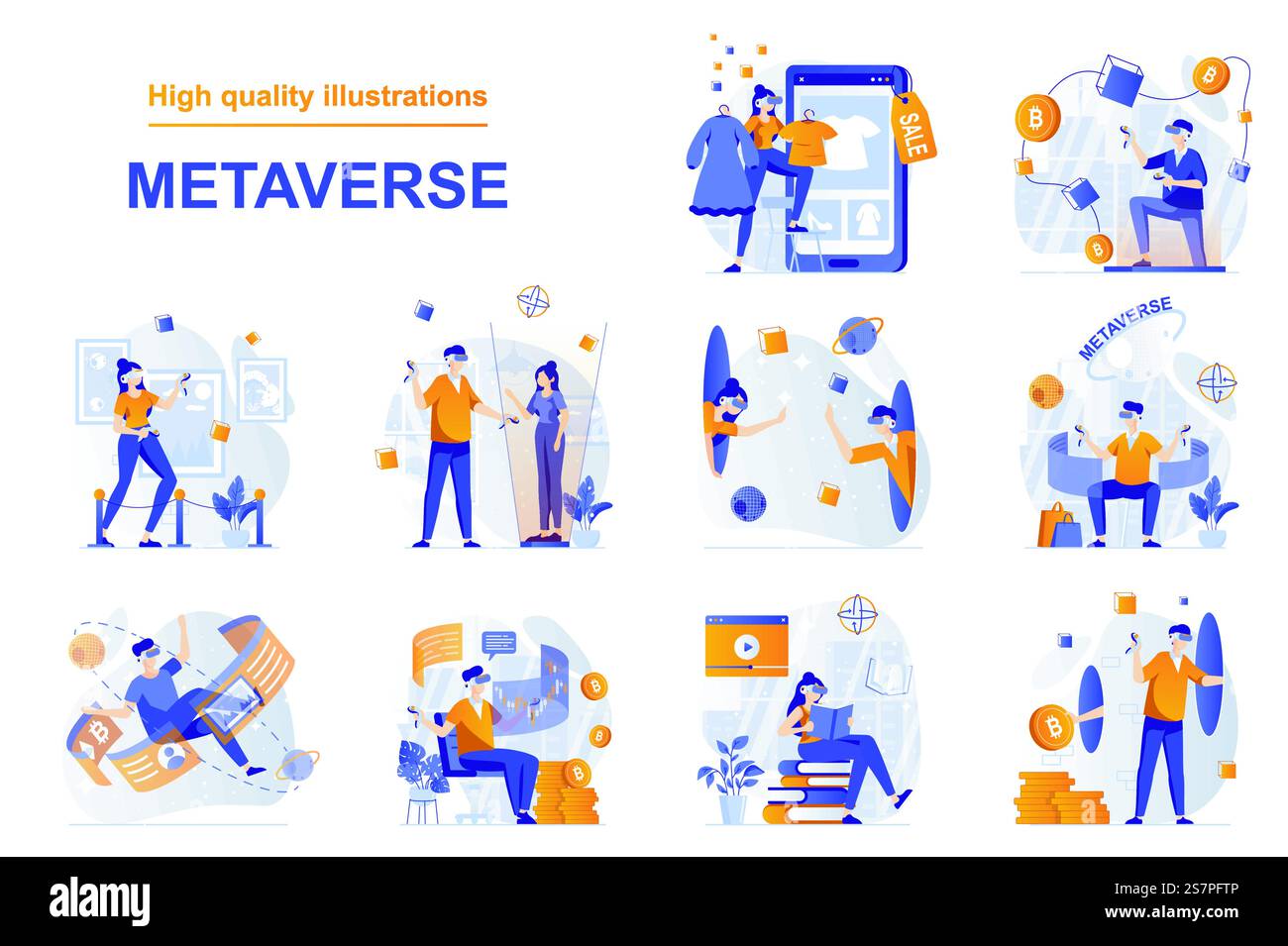Metaverse web concept with people scenes set in flat style. Bundle of ...