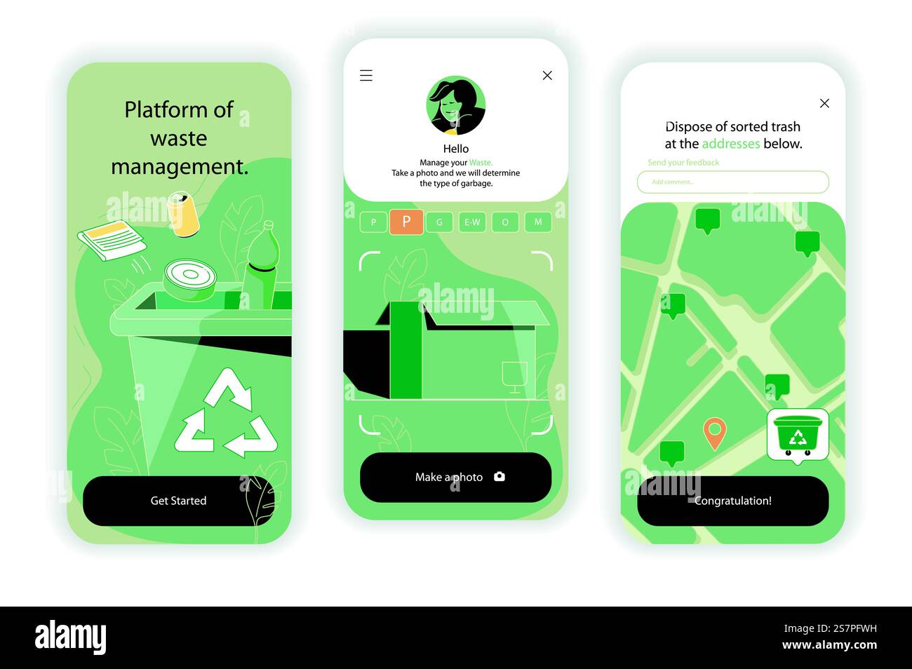 Waste manage concept onboarding screens. Separation of different waste ...