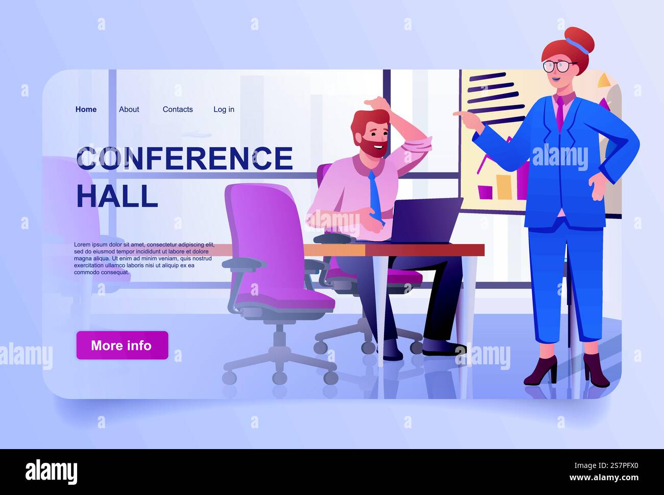 Conference hall concept in cartoon design for landing page. Man and ...