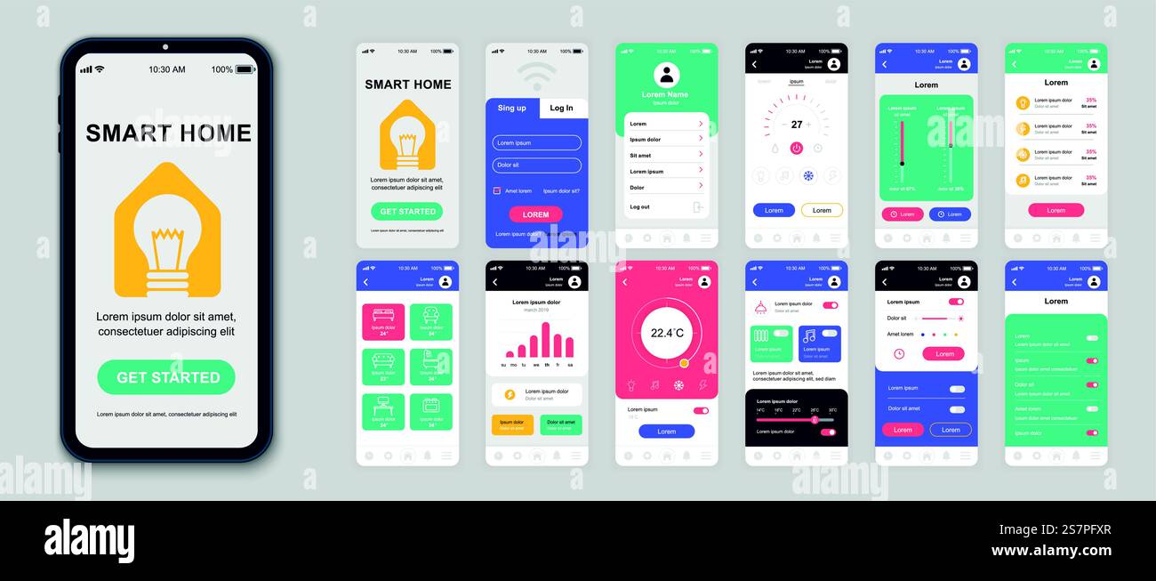 Set of UI, UX, GUI screens Smart Home app flat design template for mobile apps, responsive ...