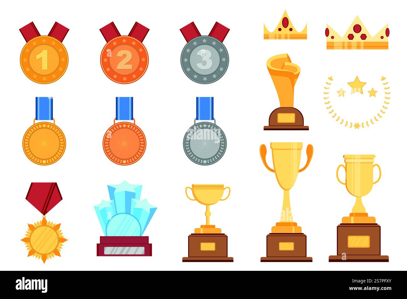 Victory trophies set in cartoon design. Bundle of golden, silver and ...