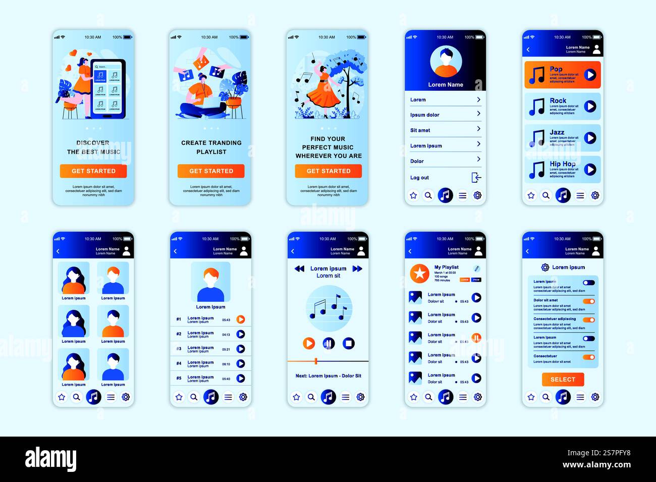 Music concept screens set for mobile app template. People listen to ...