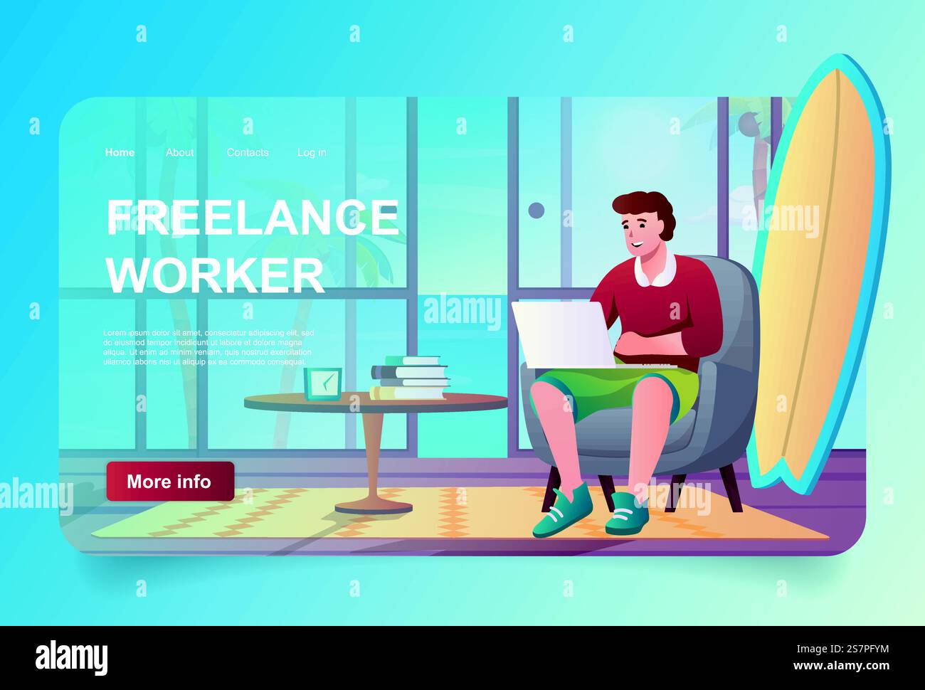 Freelance worker concept in cartoon design for landing page. Man ...