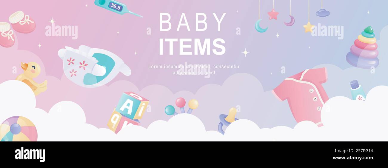 Baby items horizontal web banner. Kid toys, booties, diapers, ball ...