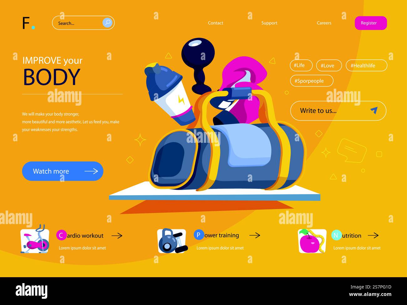 Fitness and gym concept in flat cartoon design for homepage layout ...