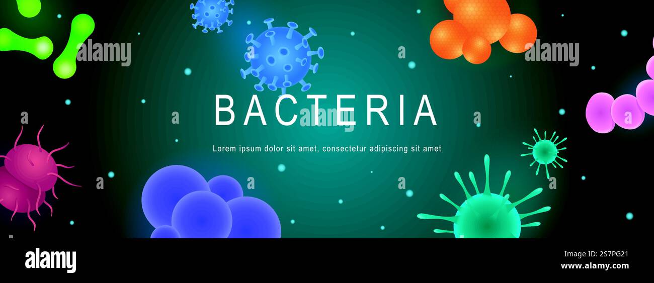 Bacteria horizontal web banner. Microscopic viruses, microorganism and ...