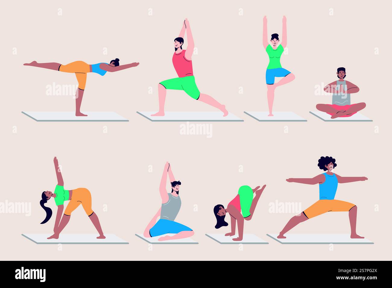 People doing yoga asanas set in flat design. Men and women practicing ...