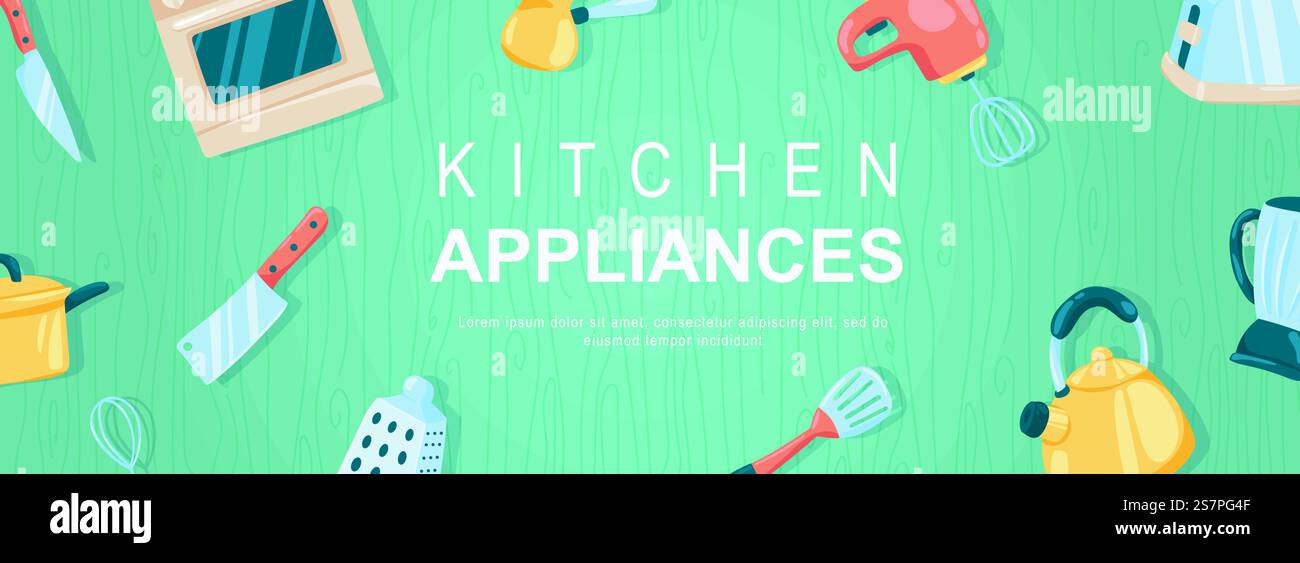 Kitchen appliances horizontal web banner. Knife, oven, mixer, cezve ...