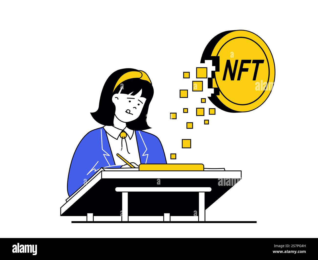 NFT token concept with character situation. Woman artist creates ...